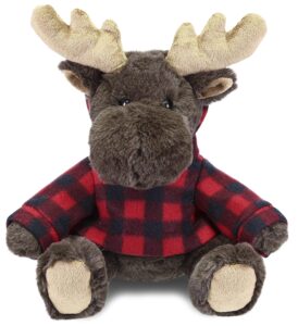 dollibu plush moose with red plaid hoodie - soft huggable wild life moose, adorable playtime zoo moose plush with clothes, cute wildlife cuddle gift for kids and adults