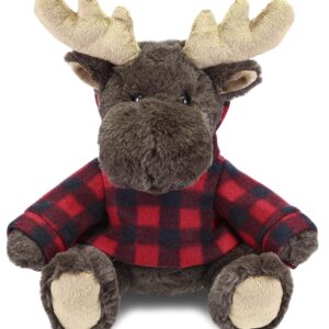 DolliBu Plush Moose with Red Plaid Hoodie - Soft Huggable Wild Life Moose, Adorable Playtime Zoo Moose Plush with Clothes, Cute Wildlife Cuddle Gift for Kids and Adults