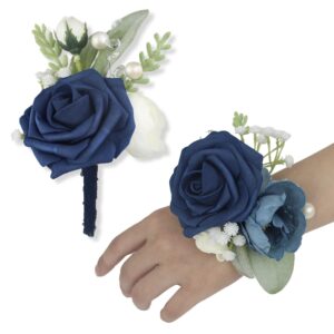 rinlong navy blue rose corsage and boutonniere set for men wedding homecoming prom