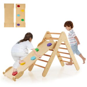 olakids climbing toys for toddlers, 3 in 1 kids wooden montessori triangle set climber toy with ramp ladder slide for gym playground, baby indoor climb play structure activity set for boys girls