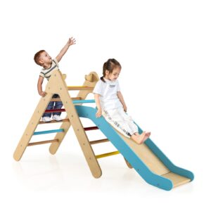 olakids toddlers triangle climber, 2 in 1 montessori kids wood climbing toy with ramp, ladder, slide for gym playground, indoor baby climb play structure activity set for boys girls 1-3