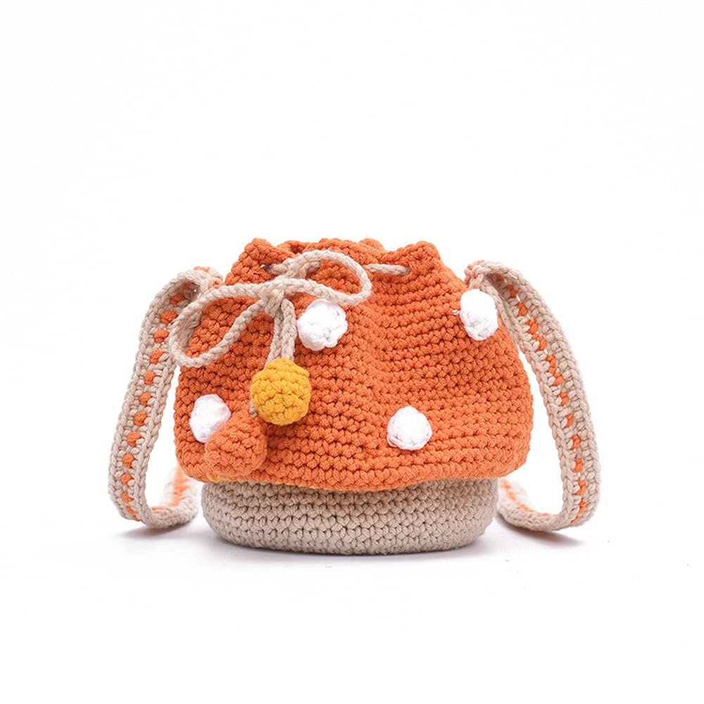 XIAYUPAGU Handmade Knitted Purse Wool Knitted Mushroom Shoulder Bag for Women Crossbody Bucket Bag with Drawstring (Orange)