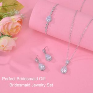 DHQH 4PCS Wedding Jewelry for Bridesmaid Cubic Zirconia Teardrop Necklace Earrings Bracelet Ring Set Bridesmaid Jewelry Set for Women Party Jewelry Gift