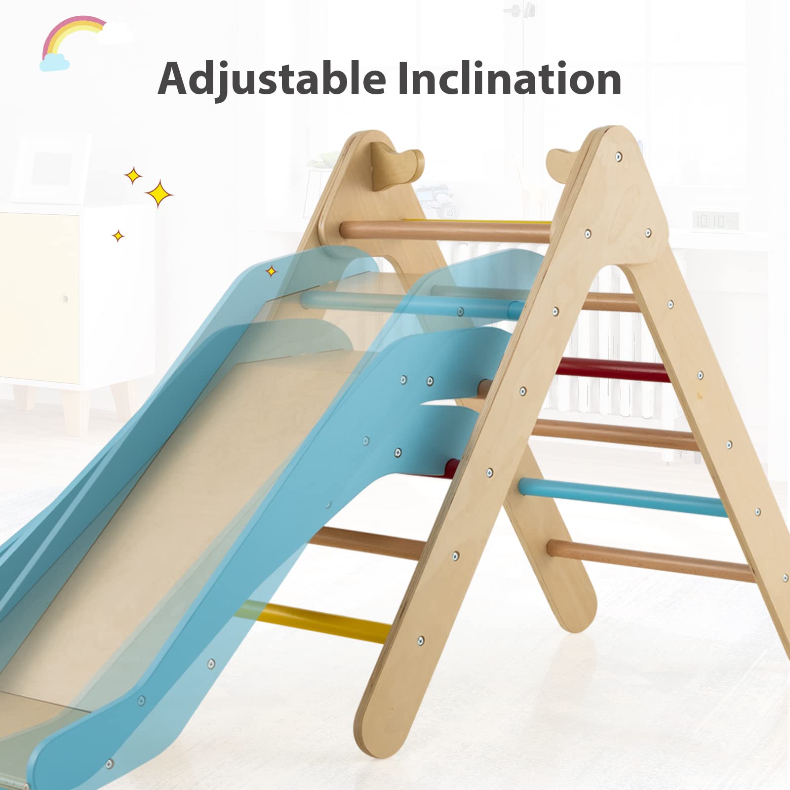 Olakids Toddlers Triangle Climber, 2 in 1 Montessori Kids Wood Climbing Toy with Ramp, Ladder, Slide for Gym Playground, Indoor Baby Climb Play Structure Activity Set for Boys Girls 1-3