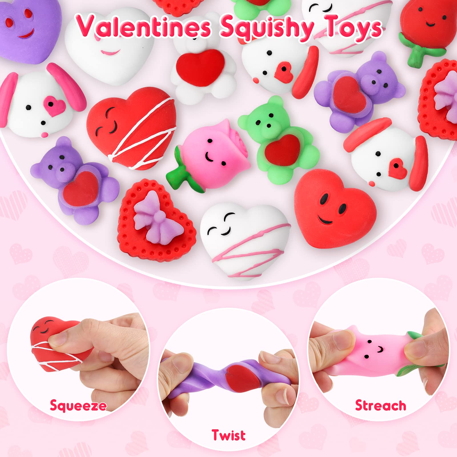 NPET 30Pcs Mochi Squishies Valentines Party Favors Valentines Day Gifts for Kids Classroom, Kawaii Mochi Squishy Toys Heart Rose Bear Valentines Day Gifts Exchange School Prize Stress Relief Toys