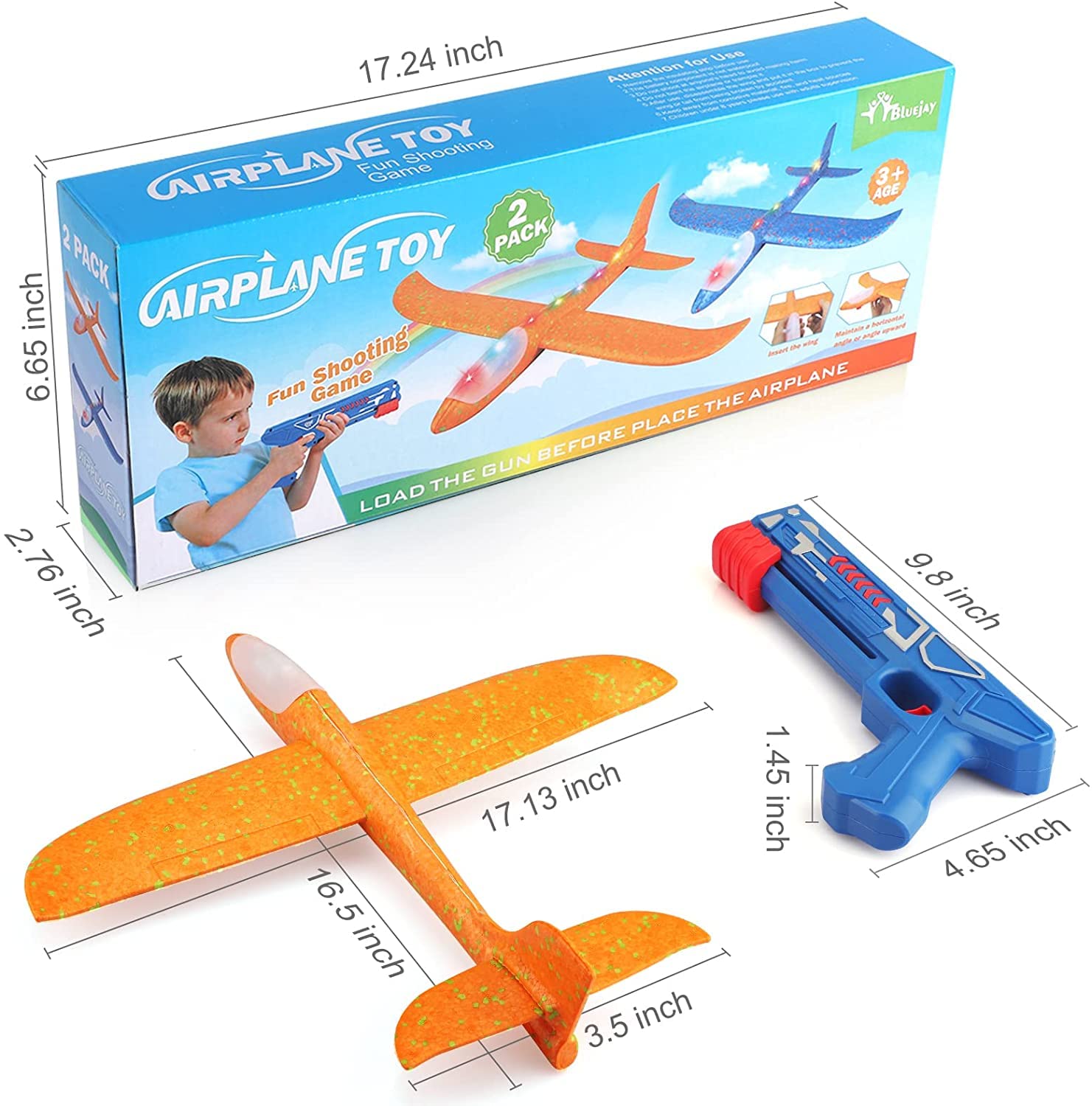 BLUEJAY Airplane Launcher Toys, 2 Flight Modes LED Foam Glider Catapult Plane, Outdoor Sport Flying Toy for Kids, for Age 4 5 6 7 8 9 10 12 Year Old Boys Girls(2 Pack)