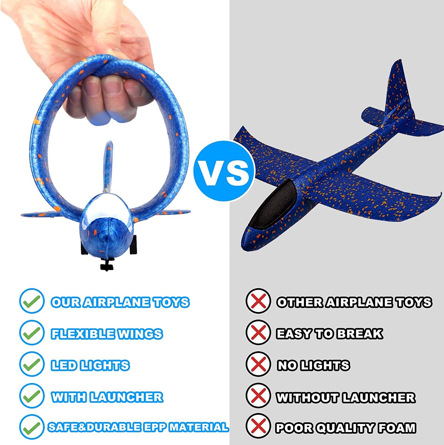 BLUEJAY Airplane Launcher Toys, 2 Flight Modes LED Foam Glider Catapult Plane, Outdoor Sport Flying Toy for Kids, for Age 4 5 6 7 8 9 10 12 Year Old Boys Girls(2 Pack)