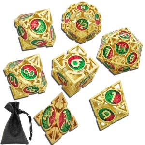 ajkdeuih d&d dnd metal dice set hollow dungeons and dragons d20 polyhedral game dice 7pcs set rpg mtg role playing pathfinder accessories gift storage bag-imitation gold red and green