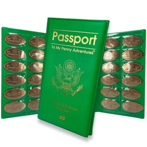 pennybandz penny passport to my penny adventures - pressed penny souvenir collecting book - holds 48 coins - vegan leather - every book ordered comes with a mystery penny as a gift (emerald green)