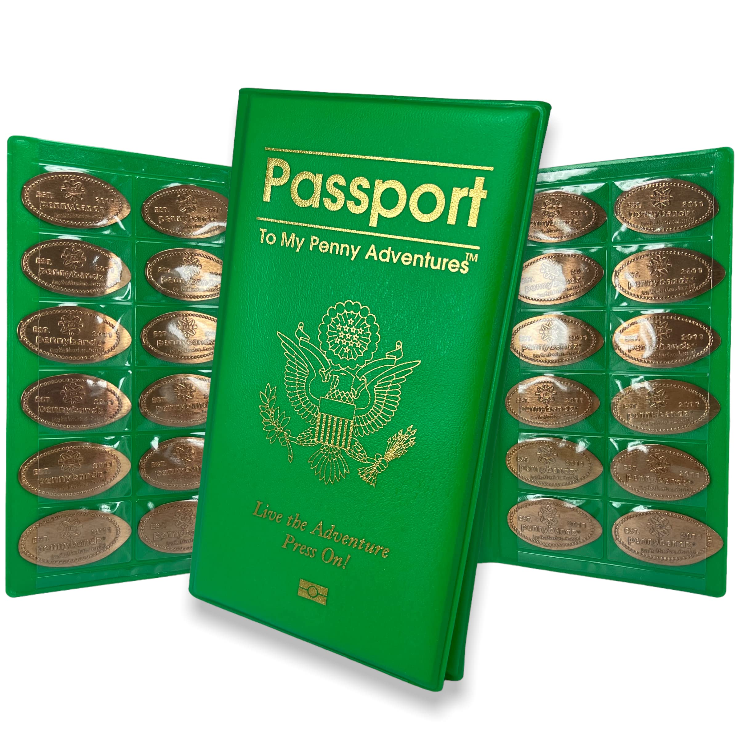 Pennybandz Penny Passport to My Penny Adventures - Pressed Penny Souvenir Collecting Book - Holds 48 Coins - Vegan Leather - Every Book Ordered Comes with a Mystery Penny as a Gift (Emerald Green)