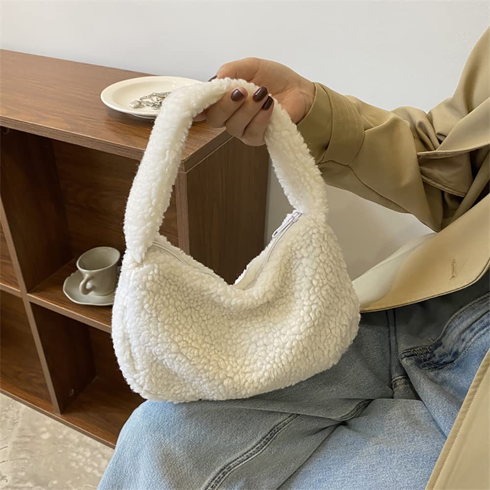 Fluffy Underarm Bags Plush Bag Women Soft Zipper Handbags Shoulder Bag (khaki)