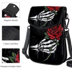 Small Crossbody Bags Skull Hand Holding a Red Rose Leather Cell Phone Purse Wallet for Women Teen Girl