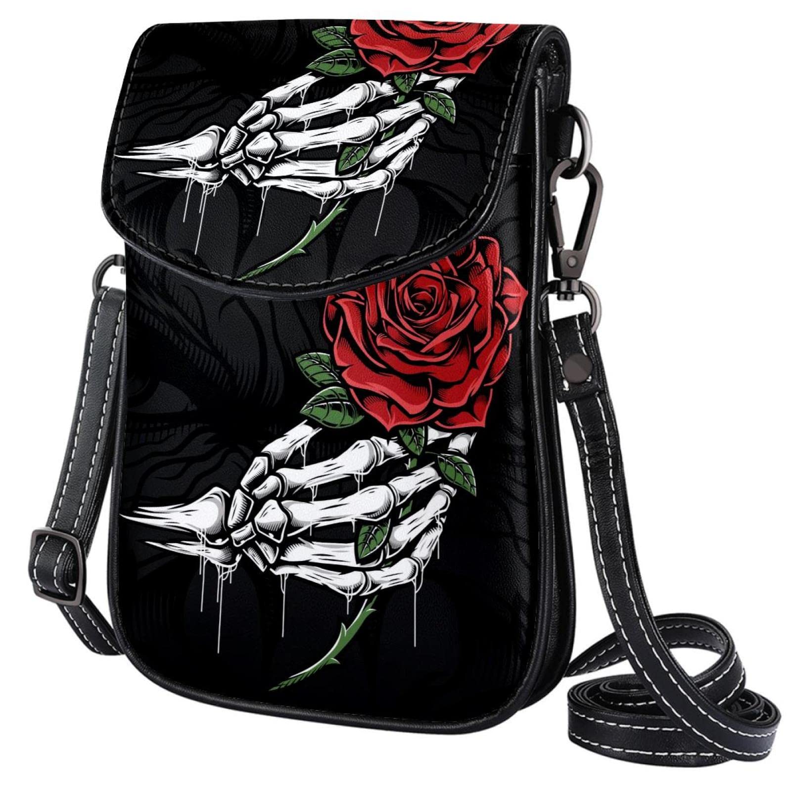 Small Crossbody Bags Skull Hand Holding a Red Rose Leather Cell Phone Purse Wallet for Women Teen Girl