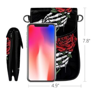 Small Crossbody Bags Skull Hand Holding a Red Rose Leather Cell Phone Purse Wallet for Women Teen Girl