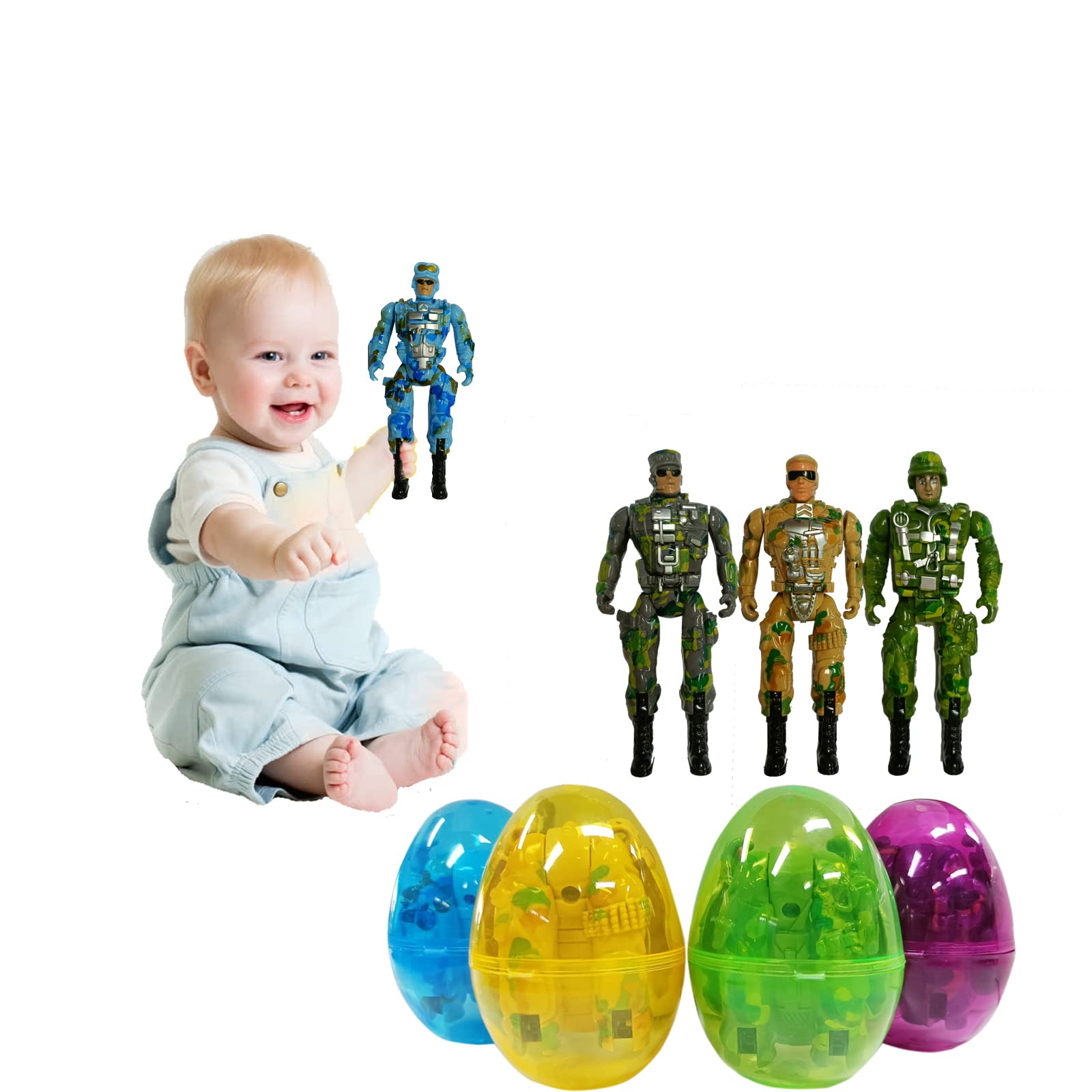 PRAABDC 4 Pcs Jumbo Deformation Soldier Toy Easter Eggs, with Toys Inside Easter Gifts Easter Basket Stuffers Fillers for Kids Boys Girls