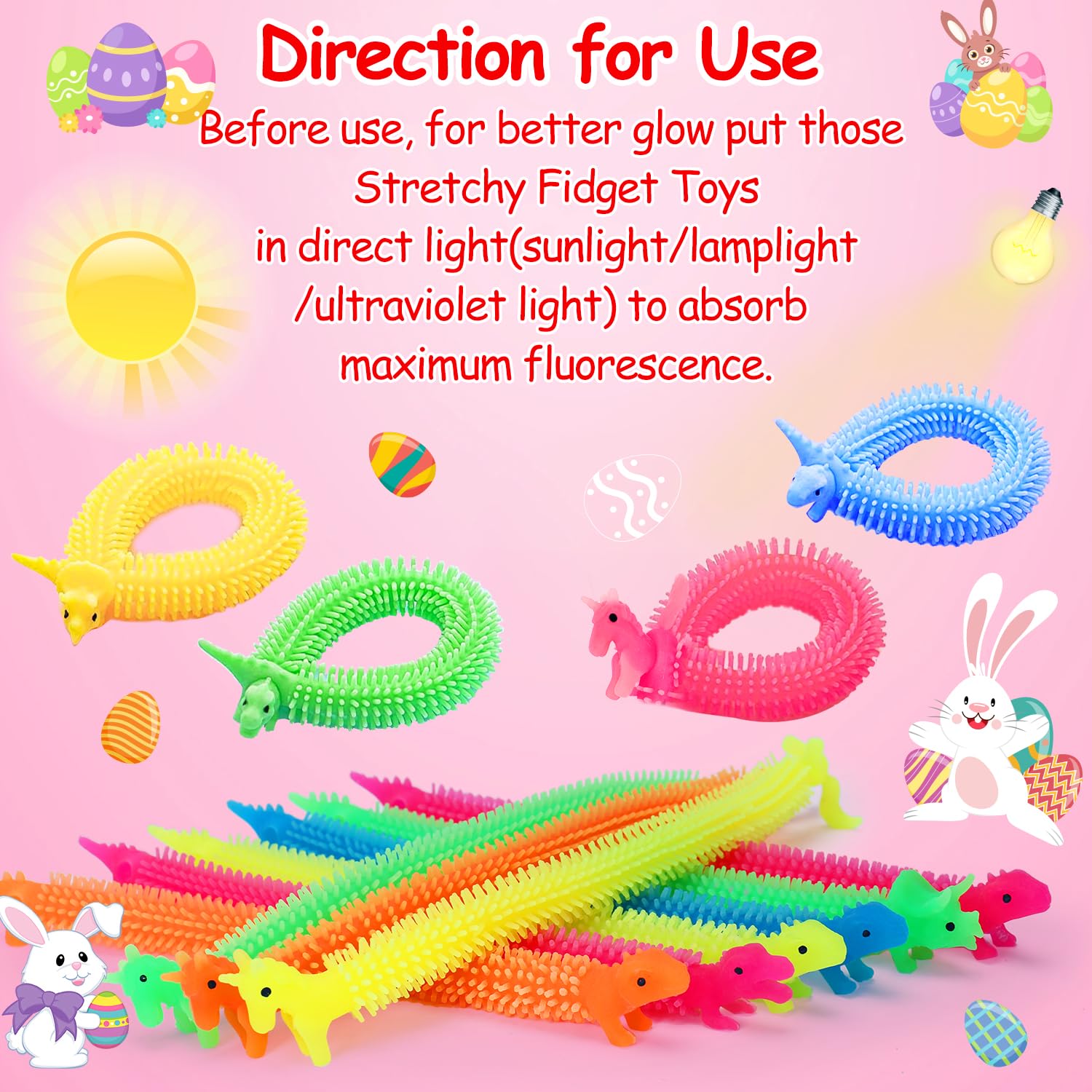 26 Pcs Easter Glow in The Dark Strechy Strings Toys Easter Basket Stuffers Gift for Kids Boy Girl Classroom School Sensory Fidget Bulk Toys Birthday Party Favors Goodie Treat Bag Egg Filler Hunt Game