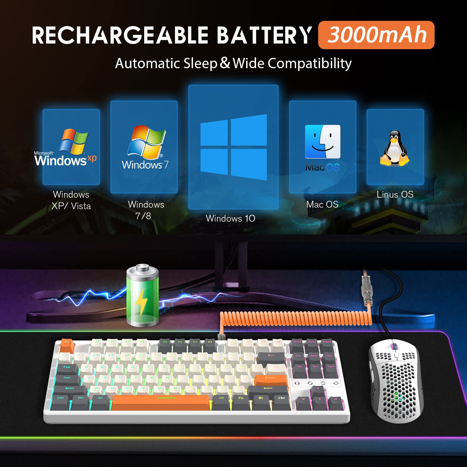 ATTACK SHARK K87 Wireless Keyboard,TKL Mechanical Keyboard,2.4G/BT 5.0/Wired Coiled Keyboard Cable,Hot Swappable Tactile Switch,Chroma RGB,3000 mAh Rechargeable Battery for Windows Mac(White-Gray)