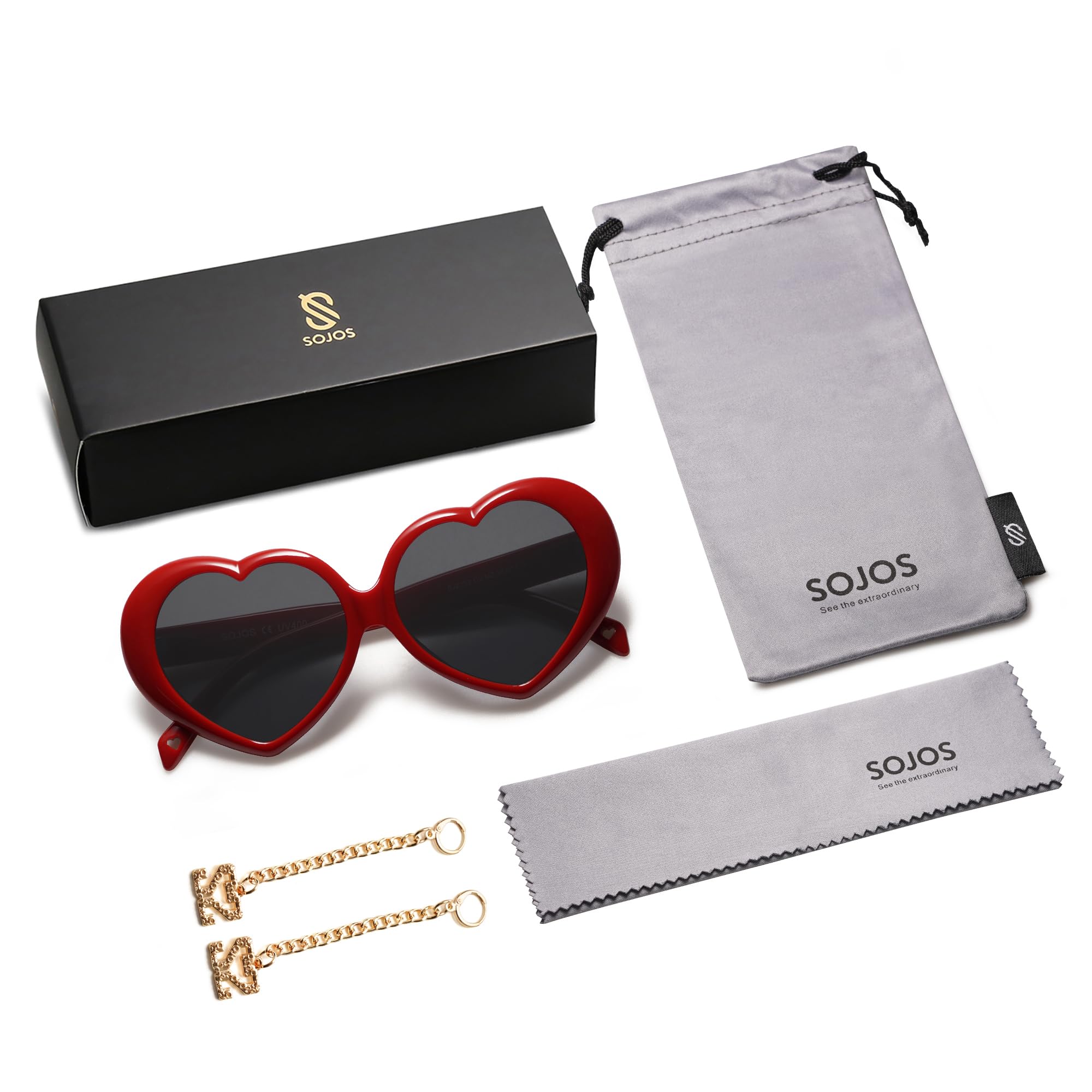 SOJOS Sunglasses Womens Heart Shaped Sunglasses Vintage Retro Glasses with Chain SJ2252 Red Frame/Grey Lens