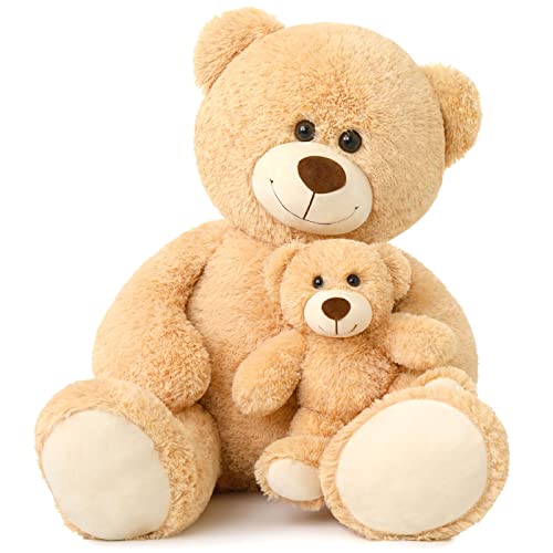 Muiteiur Giant Teddy Bear Stuffed Animal Cute Mommy and Baby Bear Teddy Bear Baby Shower Plush Toy for Kids Boys Girls Great Gift for Christmas Valentines Day Party 40inch,Light Brown