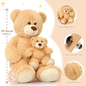 Muiteiur Giant Teddy Bear Stuffed Animal Cute Mommy and Baby Bear Teddy Bear Baby Shower Plush Toy for Kids Boys Girls Great Gift for Christmas Valentines Day Party 40inch,Light Brown