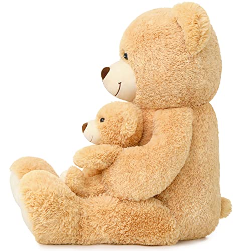 Muiteiur Giant Teddy Bear Stuffed Animal Cute Mommy and Baby Bear Teddy Bear Baby Shower Plush Toy for Kids Boys Girls Great Gift for Christmas Valentines Day Party 40inch,Light Brown