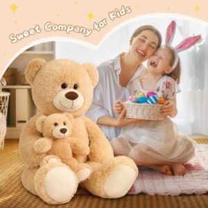 Muiteiur Giant Teddy Bear Stuffed Animal Cute Mommy and Baby Bear Teddy Bear Baby Shower Plush Toy for Kids Boys Girls Great Gift for Christmas Valentines Day Party 40inch,Light Brown