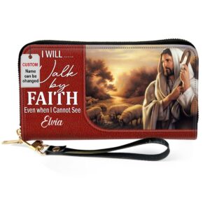 jesuspirit personalized pu leather bible clutch purse - walk by faith wristlet wallets - christian gifts for church ladies - religious bible fossil purse for women