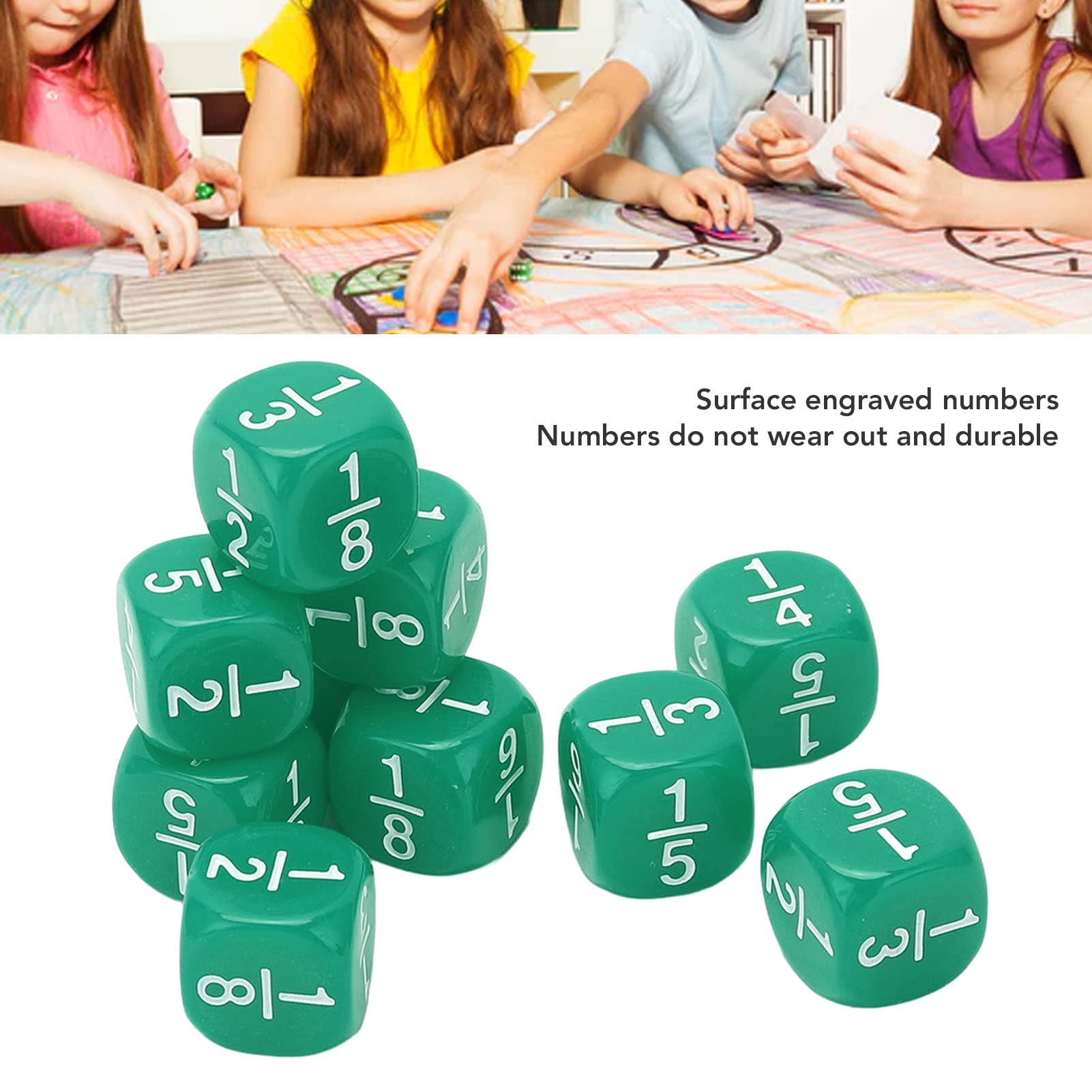 RiToEasysports Fraction Dice, 20Pcs Multi Faceted Math Fraction Dices Fraction Dice Class Set Table Game Accessories for Kids Math Practice (Green)