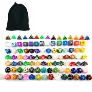 bescon 100pcs big set of random polyhedral dice, standard sized dnd dice set 100pcs in a variety of colors&effects