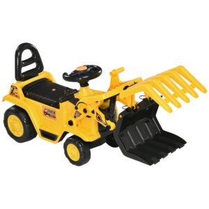 aosom kids ride on excavator pulling cart with sound effects, no power digger scooter ride-on toy construction vehicle for toddler or preschool age with under-seat storage, treaded wheels