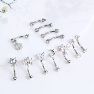 Drperfect 12 PCS Rook Piercing Jewelry Rook Earrings for Women Men Eyebrow Rings 16G Stainless Steel Curved Barbell Dangle CZ Belly Lip Ring Cartilage Daith Surface Tragus Piercing Jewelry