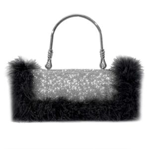 feather silver purse rhinestone bag clutch evening bags diamond glitter purses for women sparkly bling handbag wedding (black)