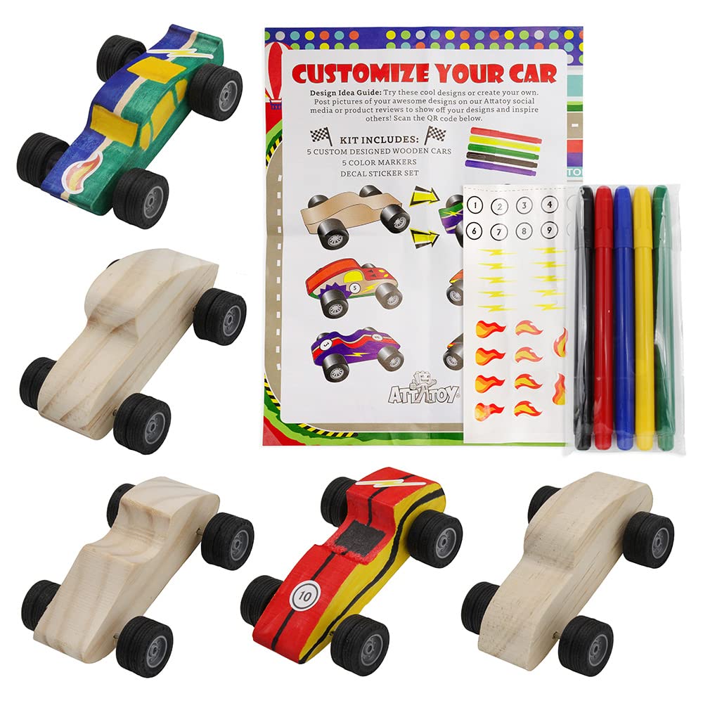 Attatoy DIY Craft Wood Car Kit (5-Pack); Unfinished Mini Wooden Race Car Craft Project for Kids