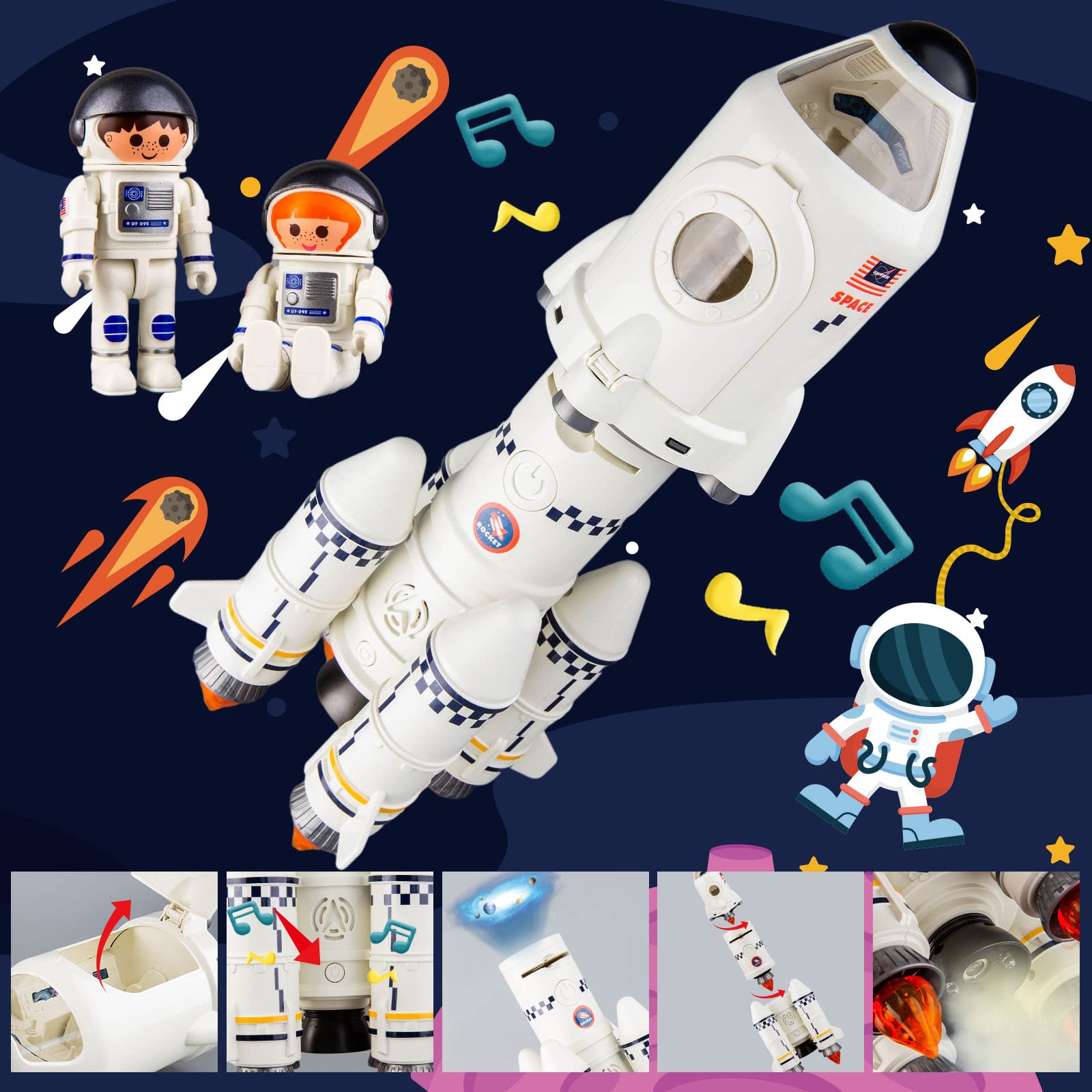 WAKAKAC Space Rocket Toys for Kids Space Shuttle Adventure Toys Model Gift 5-in-1 Aerospace Toys with 2 Astronauts, Projection Lamp, Space Adventure Toys Gift for Boys Girls 3+ Years Old