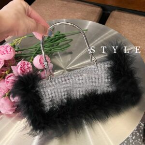 Feather Silver Purse Rhinestone Bag Clutch Evening Bags Diamond Glitter Purses for Women Sparkly Bling Handbag Wedding (black)