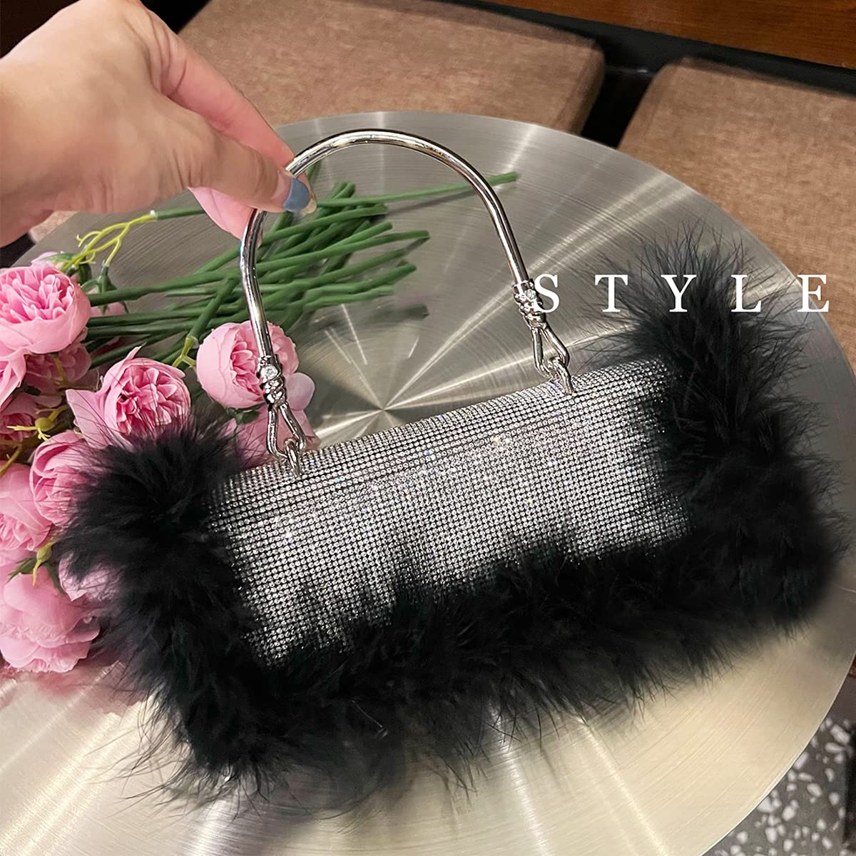 Feather Silver Purse Rhinestone Bag Clutch Evening Bags Diamond Glitter Purses for Women Sparkly Bling Handbag Wedding (black)