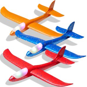 3 pack foam airplane toys,led foam glider planes,17.5" large throwing foam plane,2 flight mode glider flying toy for kids birthday gift for 3 4 5 6 7 8 9 year old boys girls outdoor sport party favors