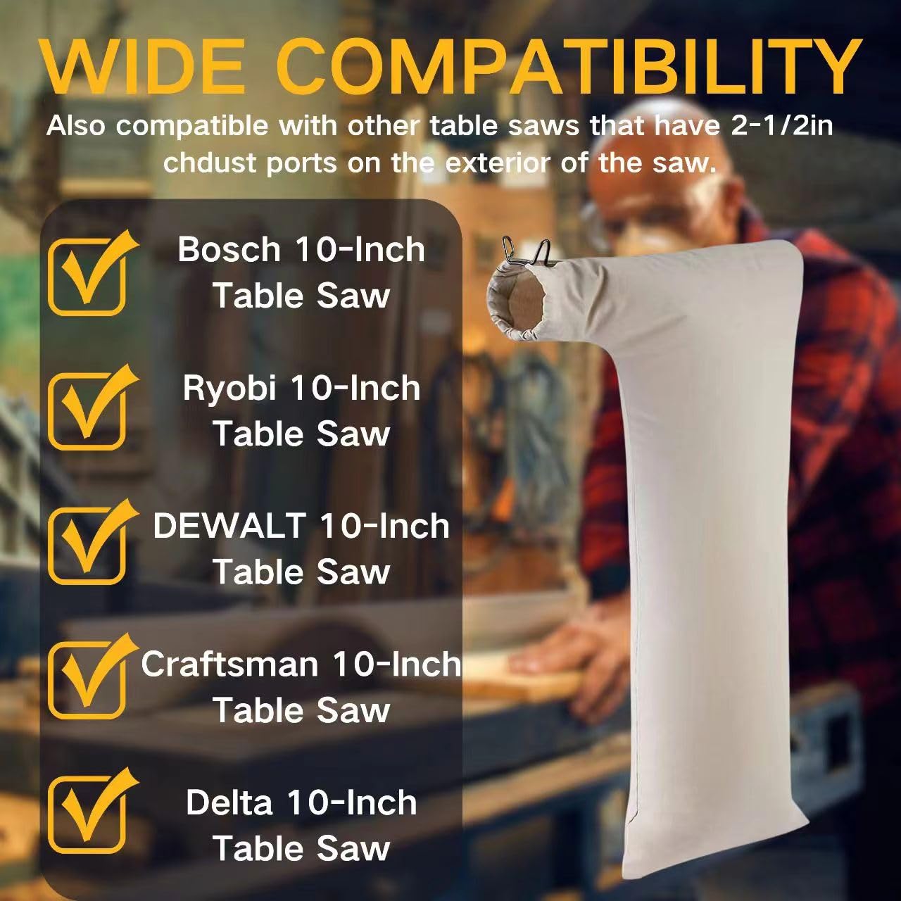 Table Saw Dust Collector Bag(10" Tablesaws with 2.5" Dust Port) Compatible with Bosch/Dewalt/Makita/Ryobi/Craftsman/Porter/RIGID/Metabo/Kobalt/Skilsaw/Delta