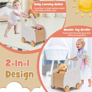 GLACER 2-in-1 Baby Learning Walker, Wooden Toy Stroller w/Rubber Ring Wheels, Kids Elephant-Shaped Shopping Cart, Toddler Push & Pull Wagon Cart for Over 1 Year Old, Gift for Boys & Girls, White