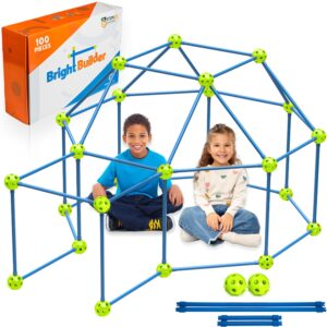 fort building kit for kids 4-8 - 100 pieces - diy stem fort making set for indoor & outdoor play - large creative construction set for boys & girls - blue & green - intellio toys bright builders