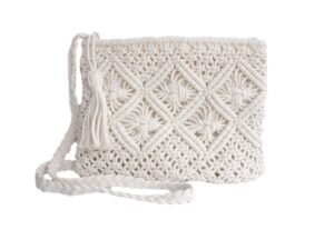 cotton macrame purse bag | hand-woven knitted crossbody shoulder strap zipper | cute fringe boho coin (white)