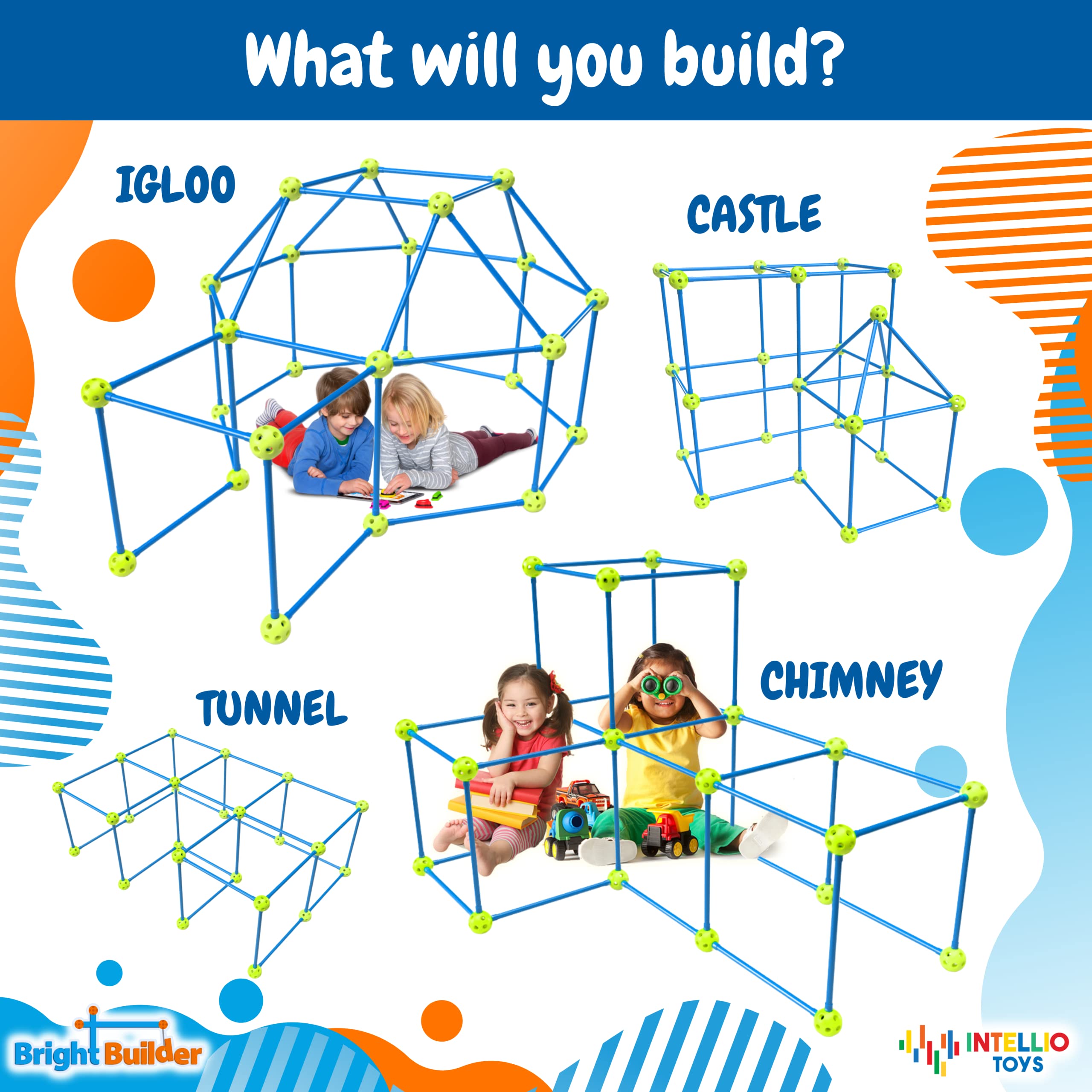 Fort Building Kit for Kids 4-8 - 100 Pieces - DIY STEM Fort Making Set for Indoor & Outdoor Play - Large Creative Construction Set for Boys & Girls - Blue & Green - Intellio Toys Bright Builders