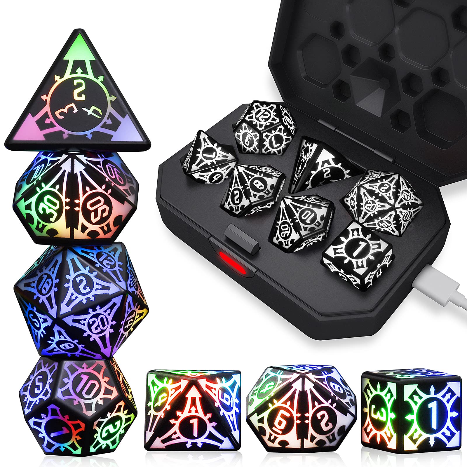 LOOKDNDS LED DND Dice Set, Light Up Dice with Charging Box, 7 PCS LED Electronic Dices, LOOKDNDS Dice Polyhedral Dice Sets for MTG Pathfinder Role Playing Game (Sword Dice)