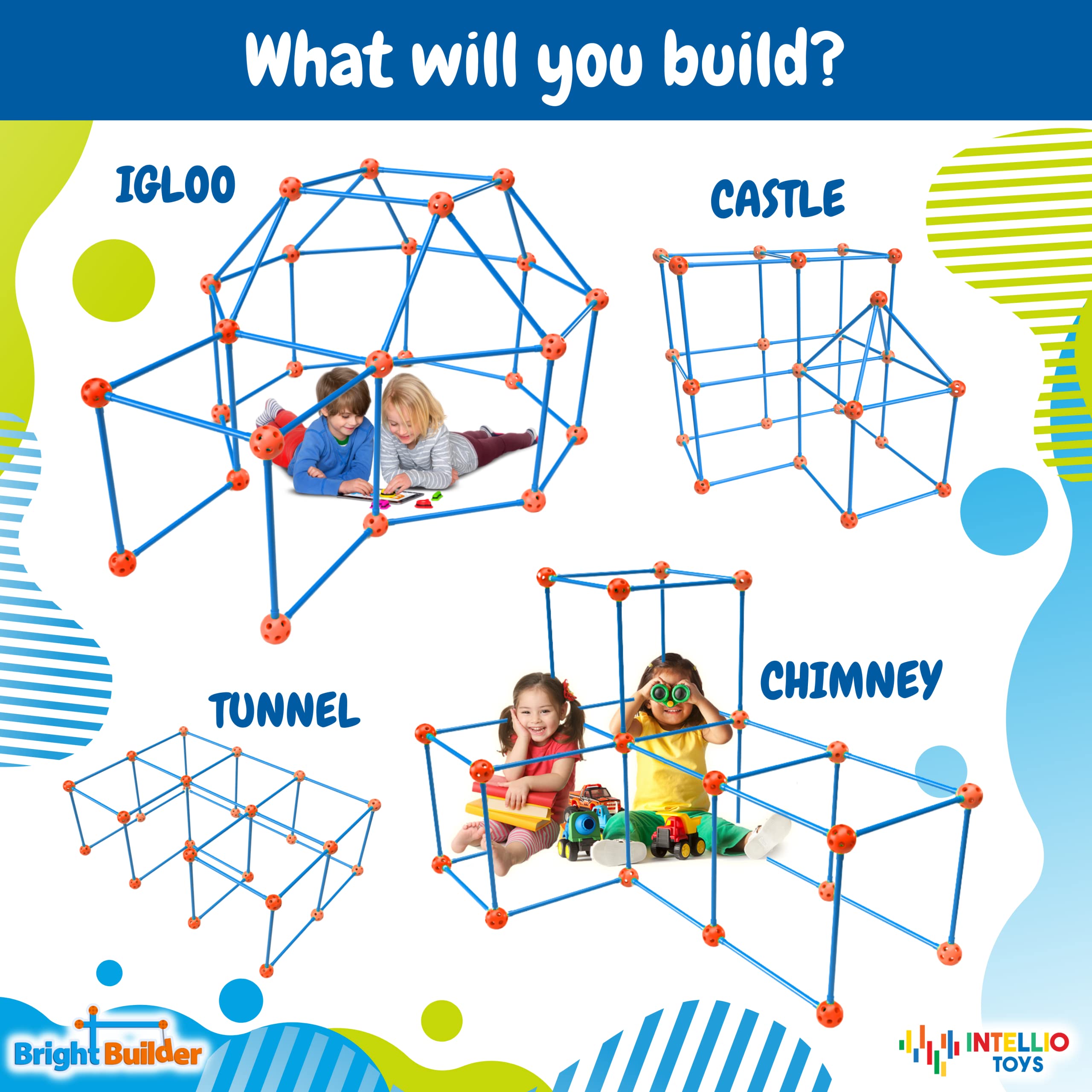 Intellio Toys Fort Building Kit for Kids 4-8 - 100 Pieces - DIY STEM Fort Making Set for Indoor & Outdoor Play - Large Creative Construction Set for Boys & Girls - Blue & Red - Bright Builders