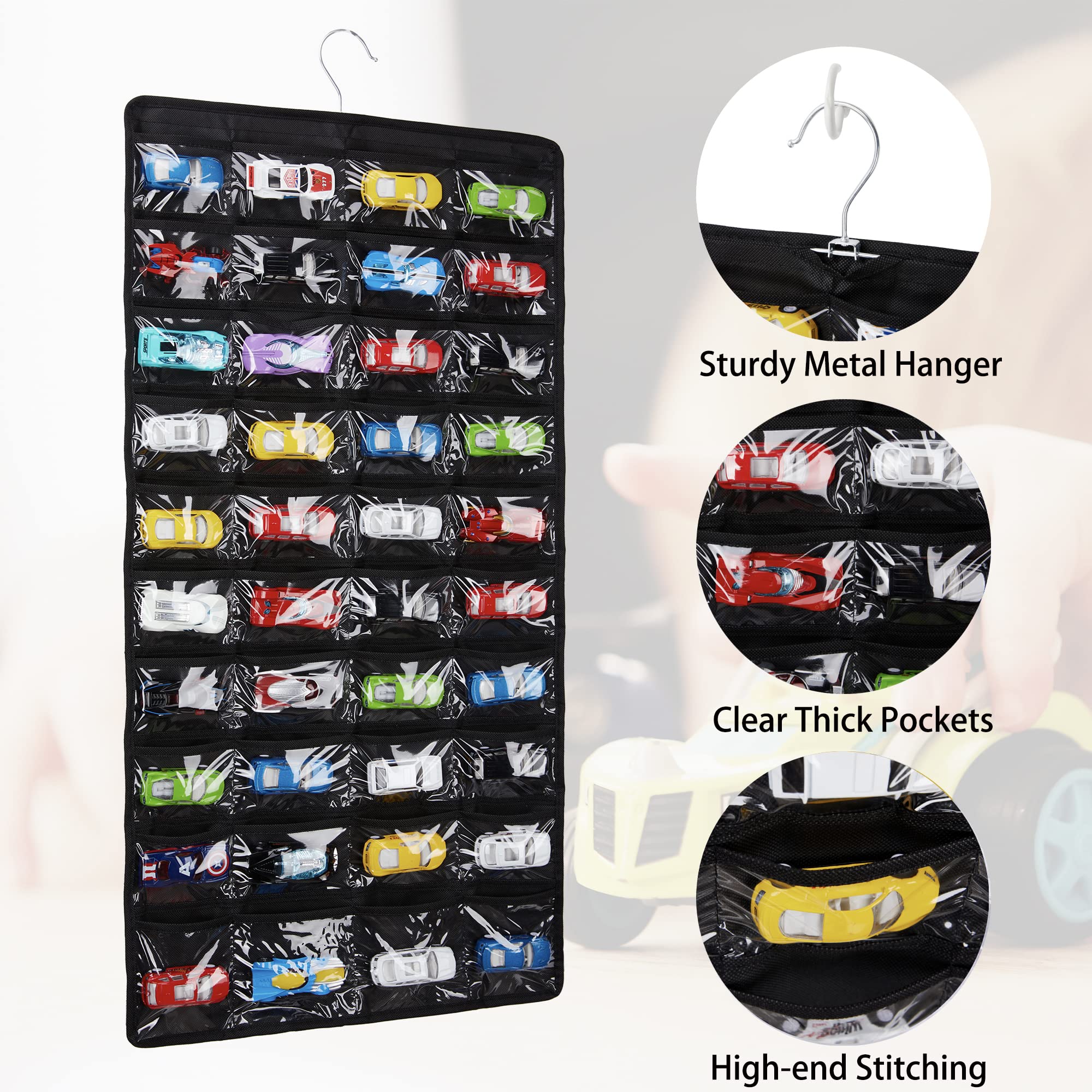 HUHYNN Storage Case Compatible with 80 Hot Wheels Matchbox Cars, Double-Sided Hanging Display Case for Hot Wheels Fits for 80 Toy Cars (80 Slots-Black)