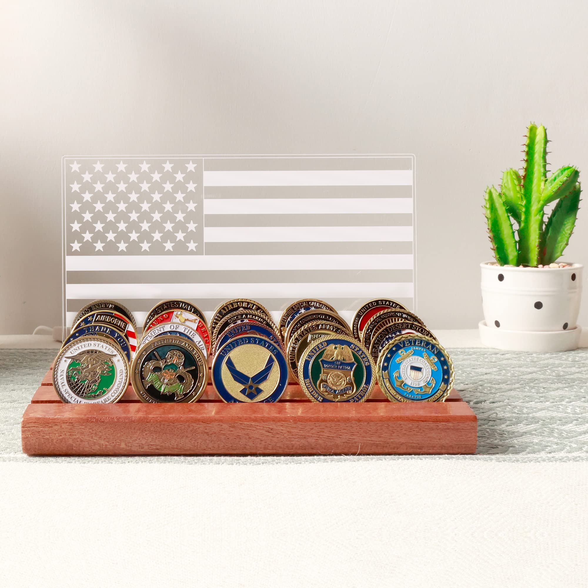 Lampeez Challenge Coin Display, Light up Coin Holder American Flag with Warm White Color Light, Military Coins Holder Case 4 Row Holder Wooden Stand Rack Gift for Military Army for Him Father