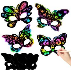 hubirdsall 24pcs summer butterfly scratch masks for kids diy butterfly scratch craft kit dress-up costume decorate for girls birthday party favors school classroom activity art project