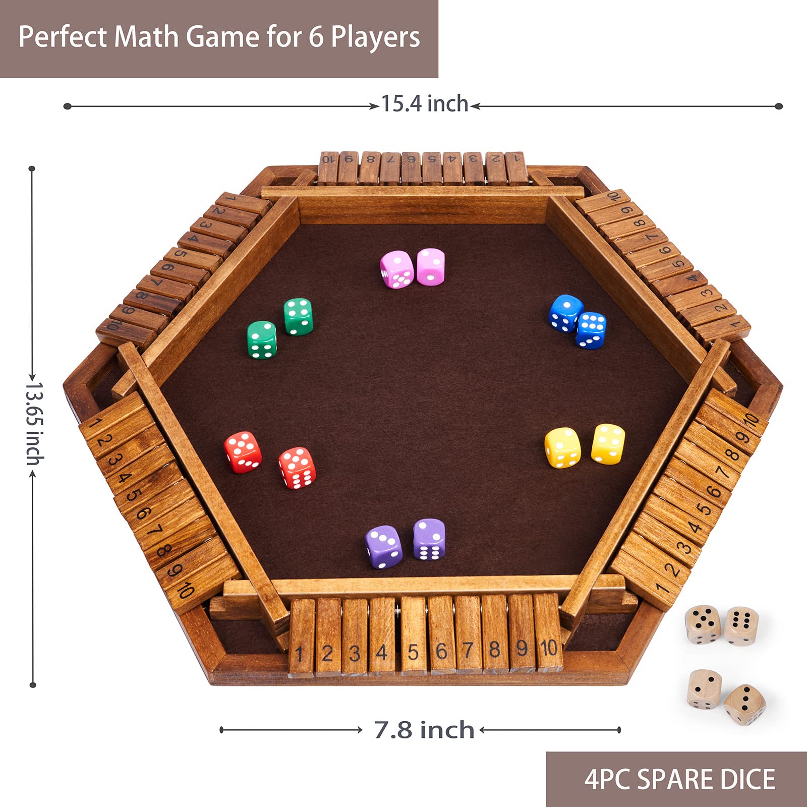 Vamslove Shut The Box Dice Game Wooden Board (L15 x W13) for 1 2 3 4 5 6 Player, 6 Sided 10 Numbers Math Games with 16 Dices for Kids Adults(Instructions Included)