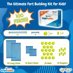 Fort Building Kit for Kids 4-8 - 100 Pieces - DIY STEM Fort Making Set for Indoor & Outdoor Play - Large Creative Construction Set for Boys & Girls - Blue & Green - Intellio Toys Bright Builders