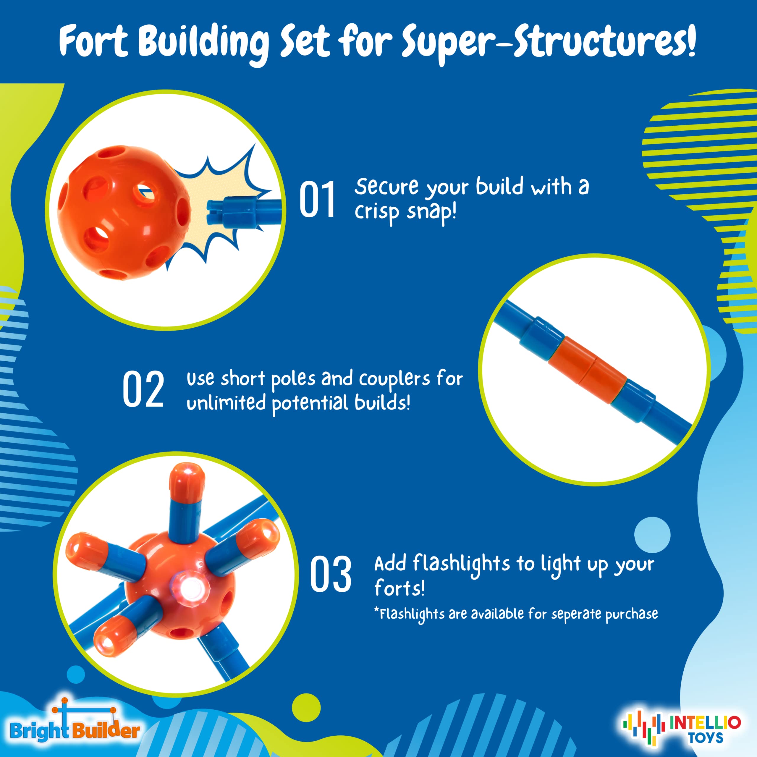 Intellio Toys Fort Building Kit for Kids 4-8 - 100 Pieces - DIY STEM Fort Making Set for Indoor & Outdoor Play - Large Creative Construction Set for Boys & Girls - Blue & Red - Bright Builders